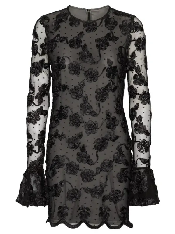 ROTATE BY BIRGER CHRISTENSEN Flower Mesh Long Sleeve Mini Dress - Black