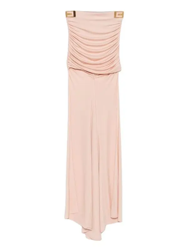 Elisabetta Franchi Ruched Asymmetric Skirt With Logo Plaque - Beige/pink