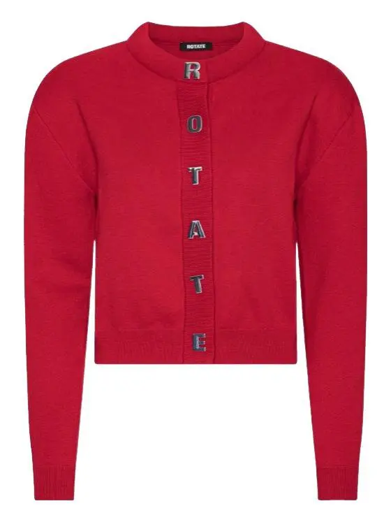 ROTATE BY BIRGER CHRISTENSEN Firm Knit Crew Neck Cardigan With Metal Letter Embellishment - Red