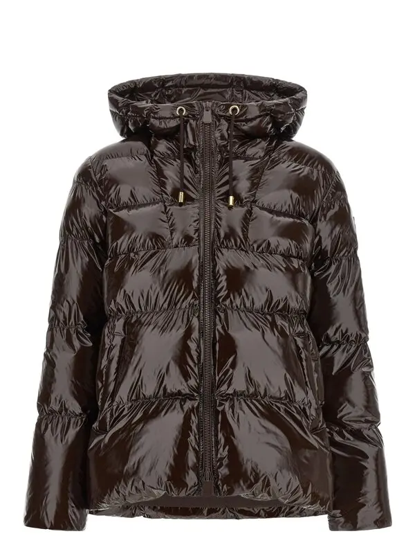 Pinko Zip-up Hooded Padded Jacket With Glossy Finish - Brown