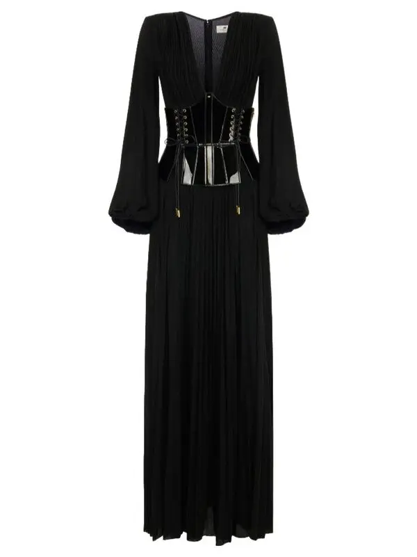 Elisabetta Franchi Lame-effect Jersey Maxi Dress With Corset And Pleated Skirt - Black