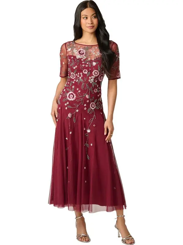 Adrianna Papell Floral Beaded Sequin Ankle Length Dress - Mahogany