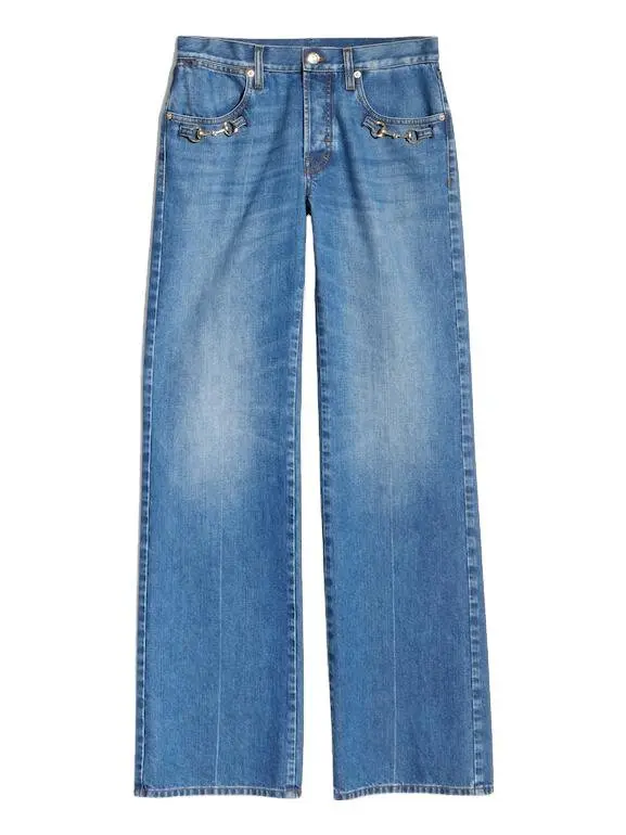 Gucci Bootcut Cotton Denim Pants With Horsebit Detail - Blue