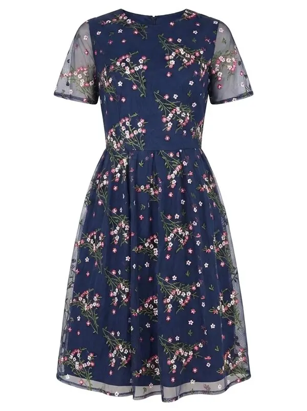 YUMI Embroidered Floral Mesh Midi Dress - Blue