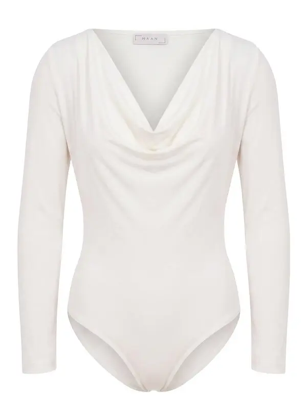 MAAN ISTANBUL Long Sleeve Bodysuit With Draped Neckline - White