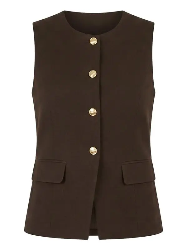 YUMI Sleeveless Longline Button Waistcoat Top - Brown