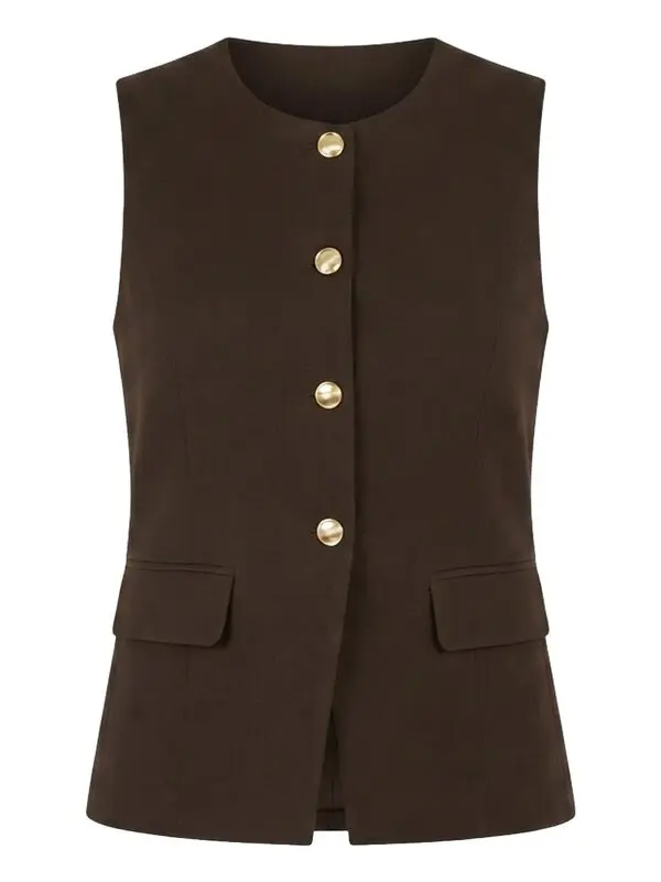 YUMI Sleeveless Longline Button Waistcoat Top - Brown