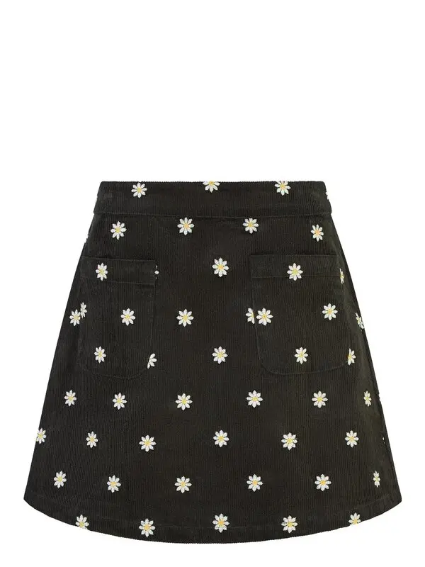 YUMI Embroidered Daisy Corduroy Mini Skirt - Black