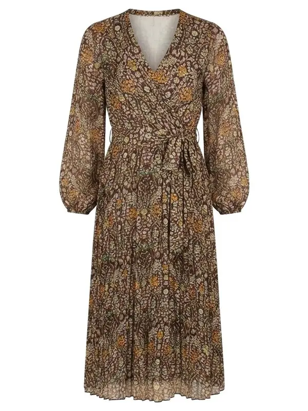 YUMI Ditsy Floral Pleated Midi Wrap Dress - Brown