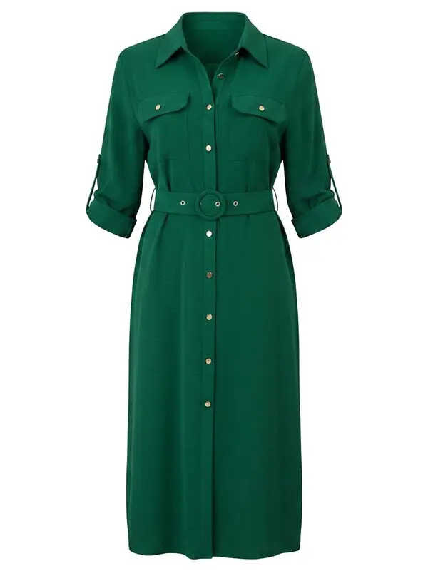 YUMI Stretch Midi Shirt Dress - Green