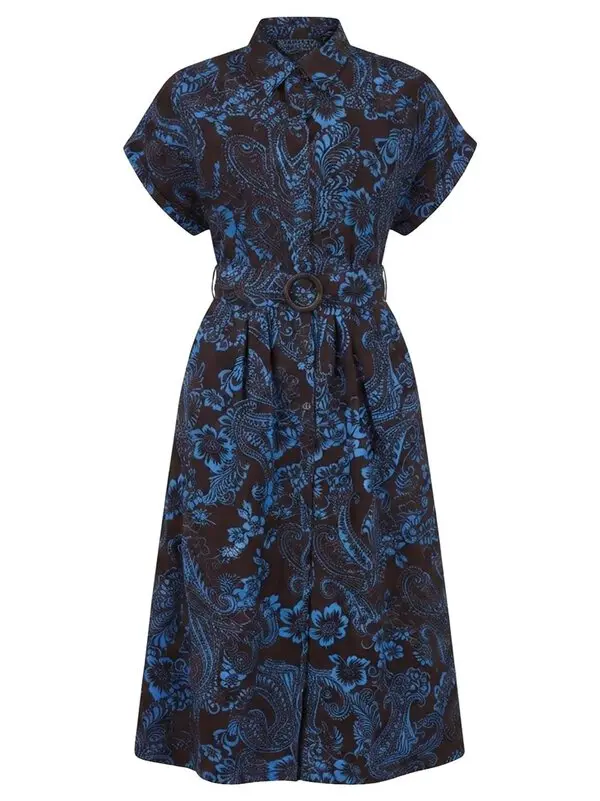 YUMI Paisley Print Belted Midi Shirt Dress - Brown