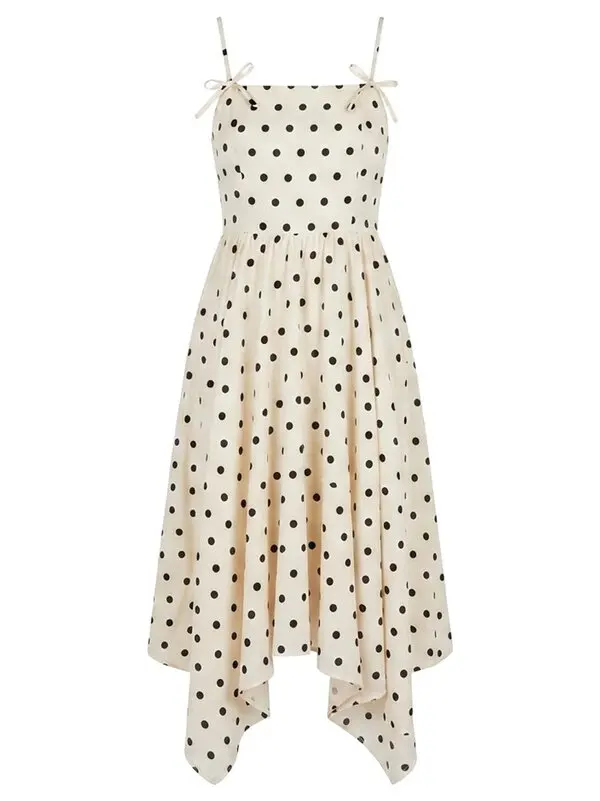 YUMI Polka Dot Handkerchief Hem Midi Dress - White