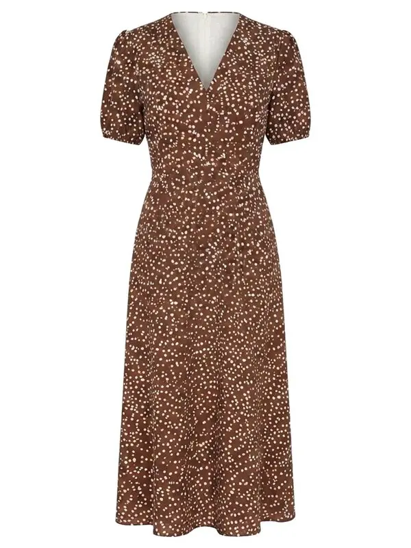 YUMI Spot Print Midi Dress With Puff Sleeves And Split Hemline - Brown