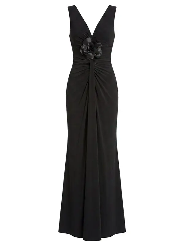 Mac Duggal Sleeveless V-neck Gown With 3d Flower Embellishment - Black