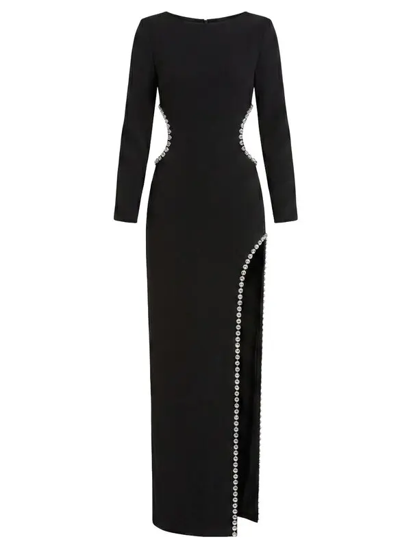 Mac Duggal Long Sleeve Gown With Embellished Cut-outs And Slit - Black
