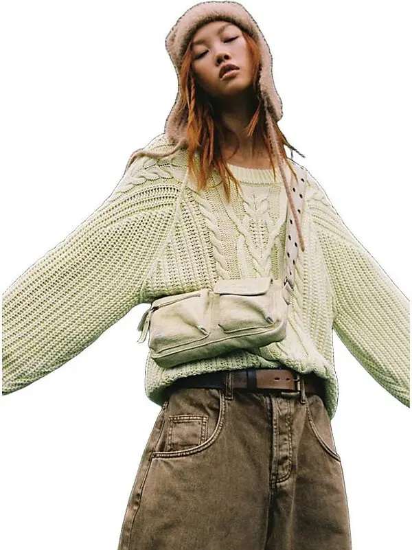 Free People Frankie Cable Knit Cotton Sweater - Lime Glo