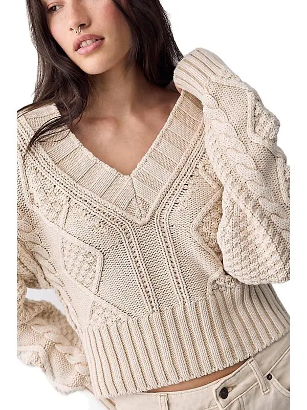 Free People We The Free Addison V-neck Cable Knit Cotton Sweater - Tea