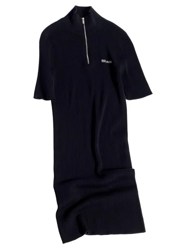 Miu Miu Ribbed Knit Cotton Short Sleeve Turtleneck Dress - Navy