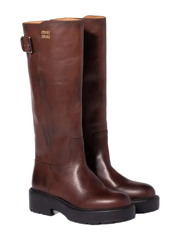 Miu Miu Leather Knee High Buckled Boots - Coffee