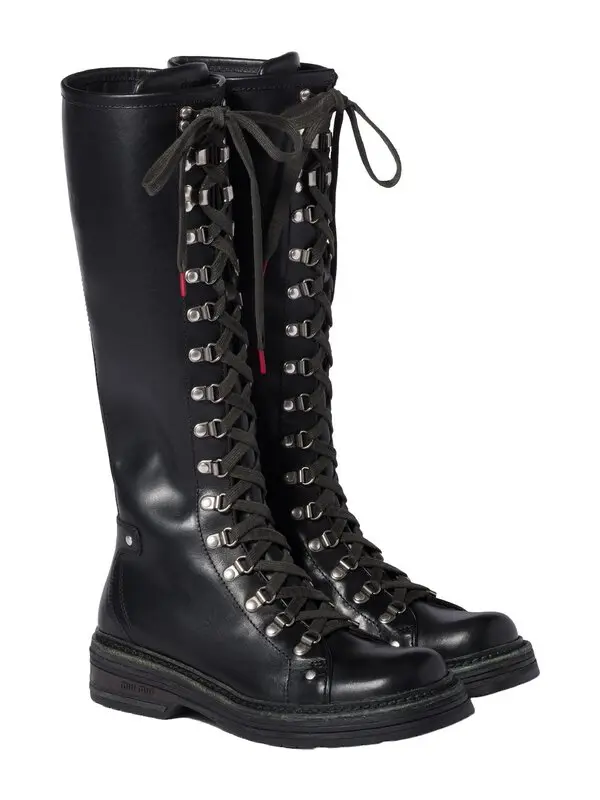 Miu Miu Knee-high Leather Lace-up Boots - Black