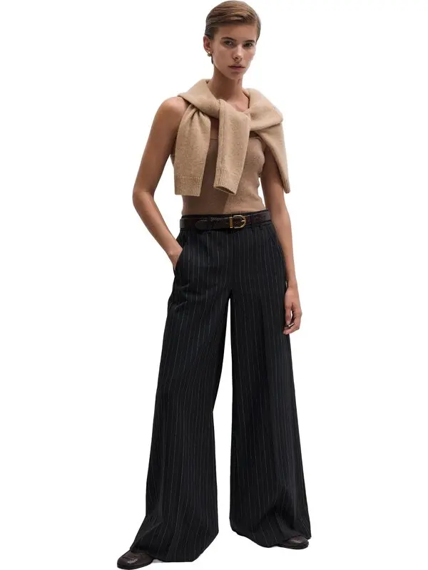 ME+EM Wide-leg Pinstripe Wool Blend Trousers - Black