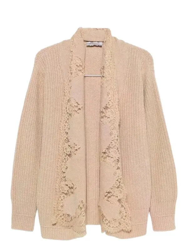 ERMANNO FIRENZE Lace Trim Ribbed Knit Cardigan - Neutrals