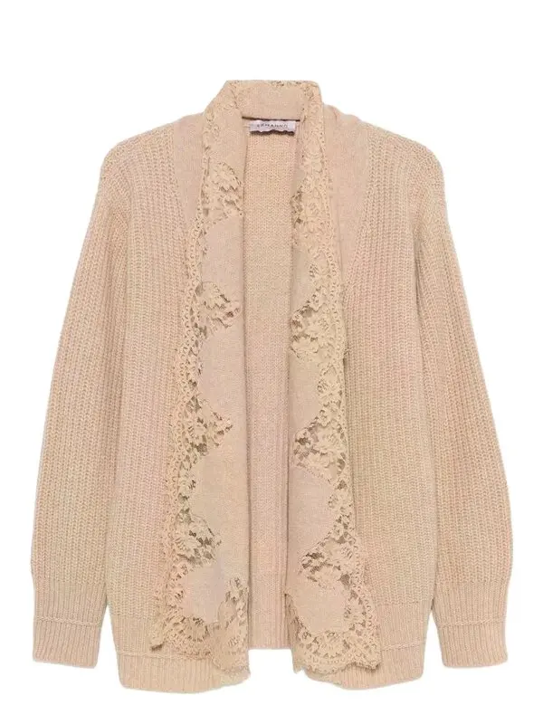 ERMANNO FIRENZE Lace Trim Ribbed Knit Cardigan - Neutrals