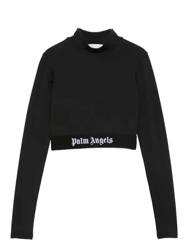 Palm Angels Logo Detail Cropped Mock Neck Top - Black