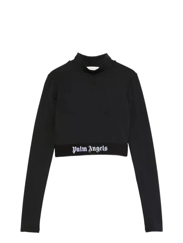 Palm Angels Logo Detail Cropped Mock Neck Top - Black