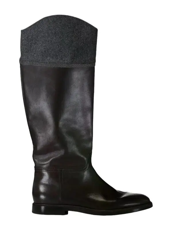 Brunello Cucinelli Leather And Felted Panel Riding Boots With Monili Trim - Brown