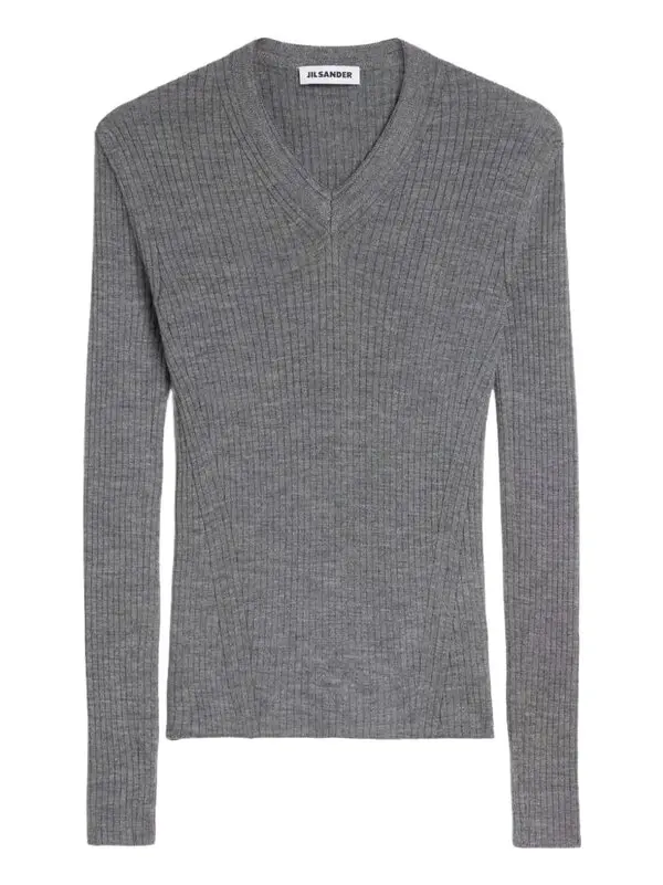 JIL SANDER Ribbed Knit V-neck Sweater - Grey