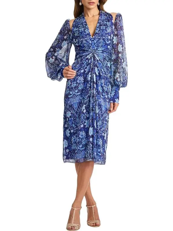 Tadashi Shoji Floral Print Cold-shoulder Midi Dress - Blue
