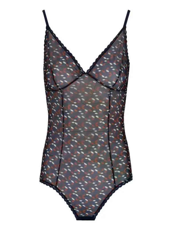 LAURA URBINATI Printed Tulle Bodysuit - Blue