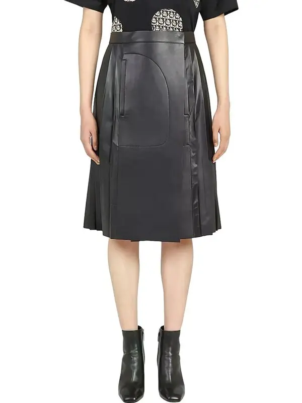 FERRAGAMO Midi Pleated Leather Skirt - Black