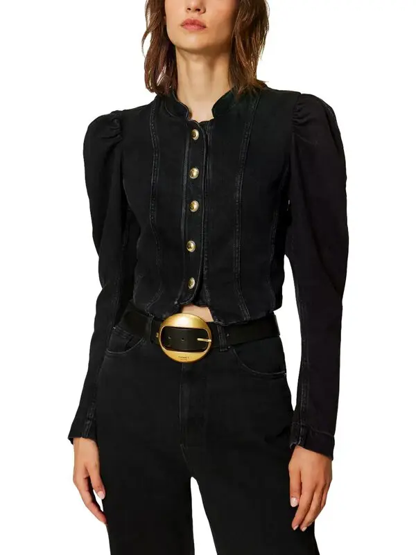 TWINSET Fitted Denim Jacket With Puff Sleeves - Black