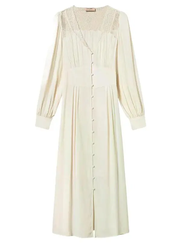 TWINSET Long Jacquard Crêpe De Chine Dress With Lace Yoke - Neutrals