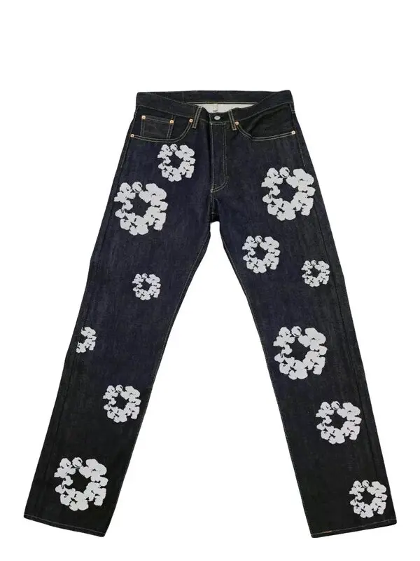 DENIM TEARS Cotton Straight-leg Jeans With Wreath Print - Blue