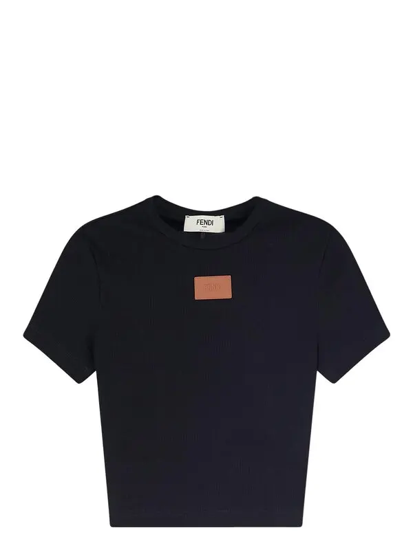 Fendi Cropped Stretch Cotton T-shirt With Leather Patch - Black