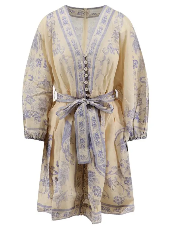 Zimmermann Indra Printed Linen Puff Sleeve Dress - Multicolor
