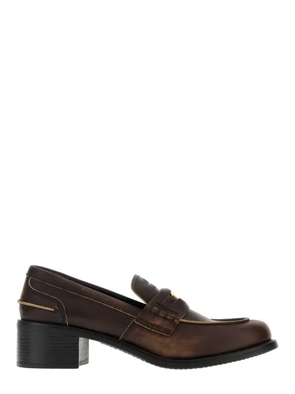 Miu Miu Leather Loafers With Block Heel - Brown