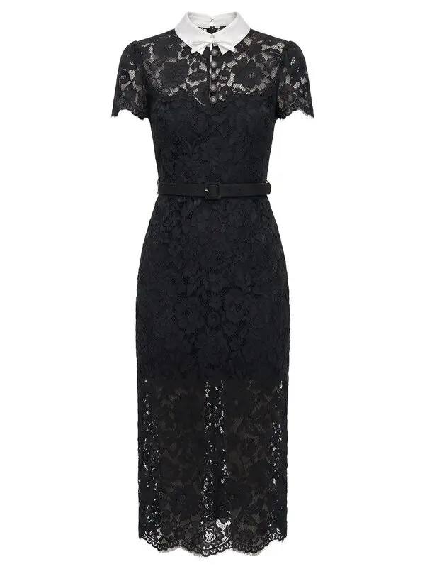 SELF-PORTRAIT Lace Contrast Collar Midi Dress - Multicolor