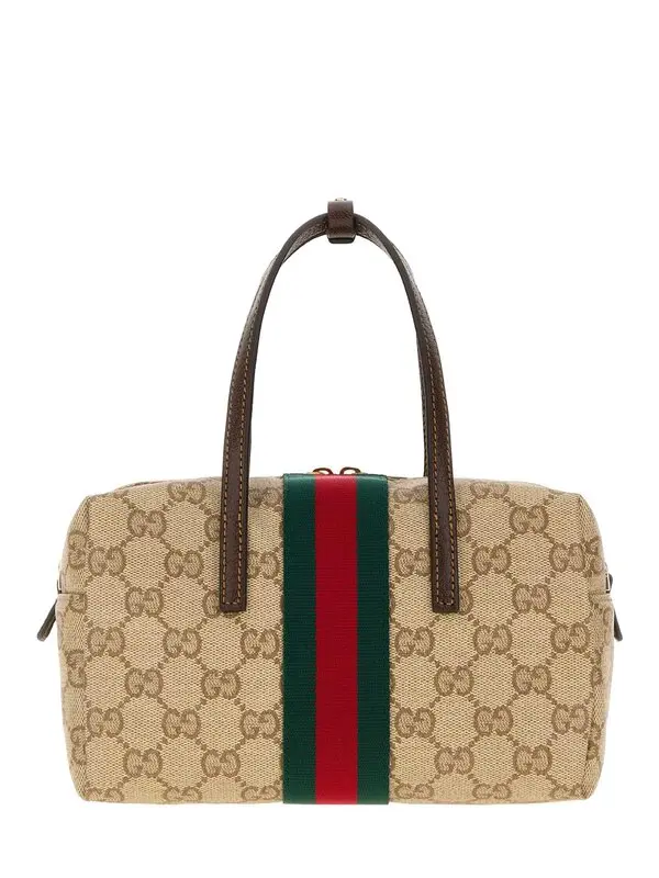 Gucci Printed Canvas Boston Handbag With Monogram And Striped Detail - Multicolor