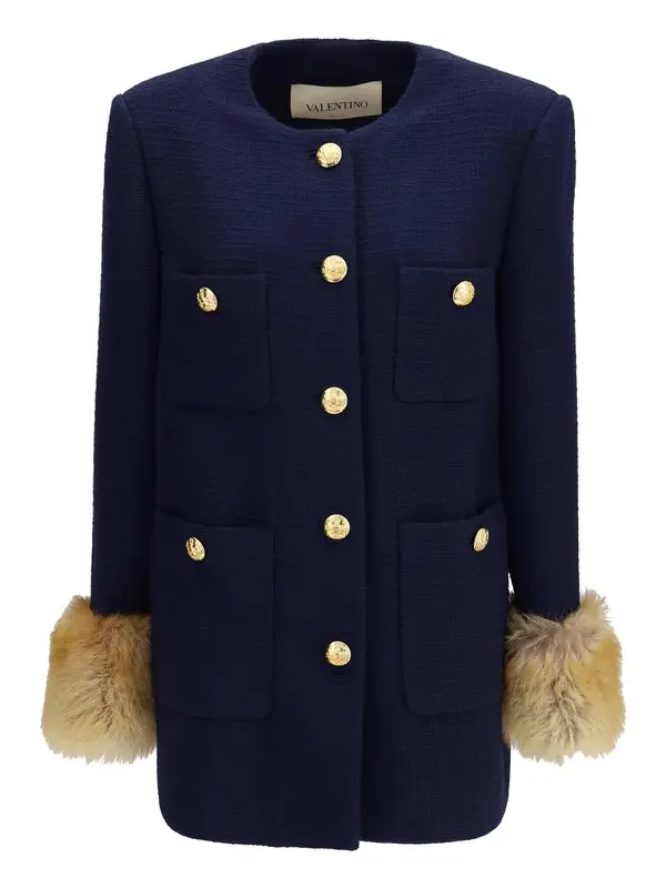 Valentino Garavani Wool Tweed Caban Coat With Shearling Cuffs - Blue