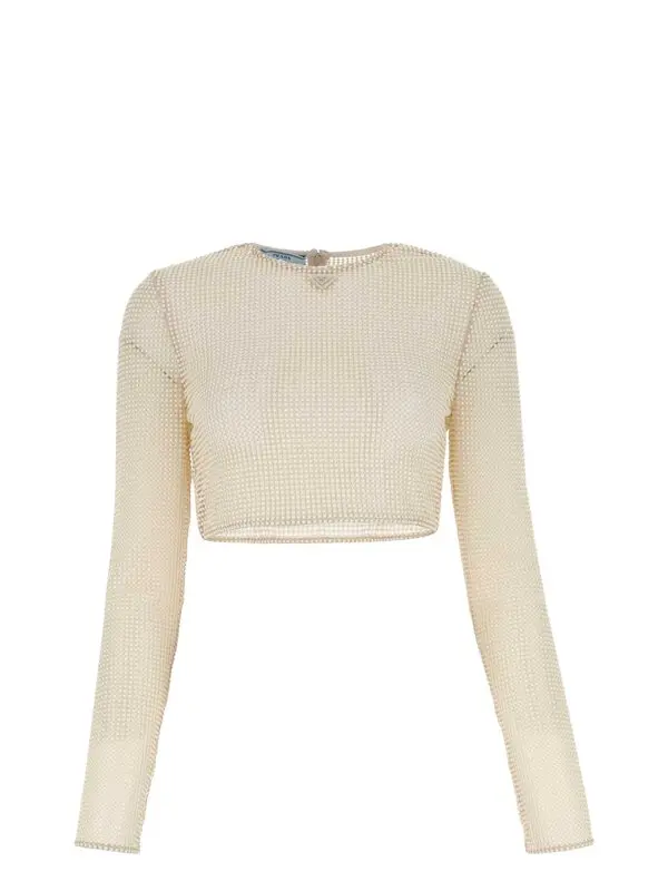 Prada Embellished Long Sleeve Cropped Top - Brown