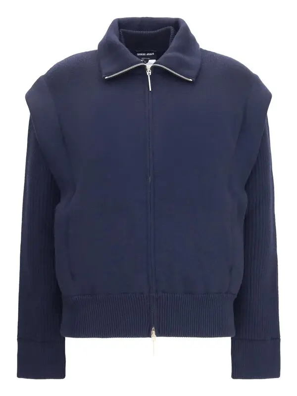 Giorgio Armani Padded Virgin Wool Bomber Jacket With Ribbed Sleeves - Blue