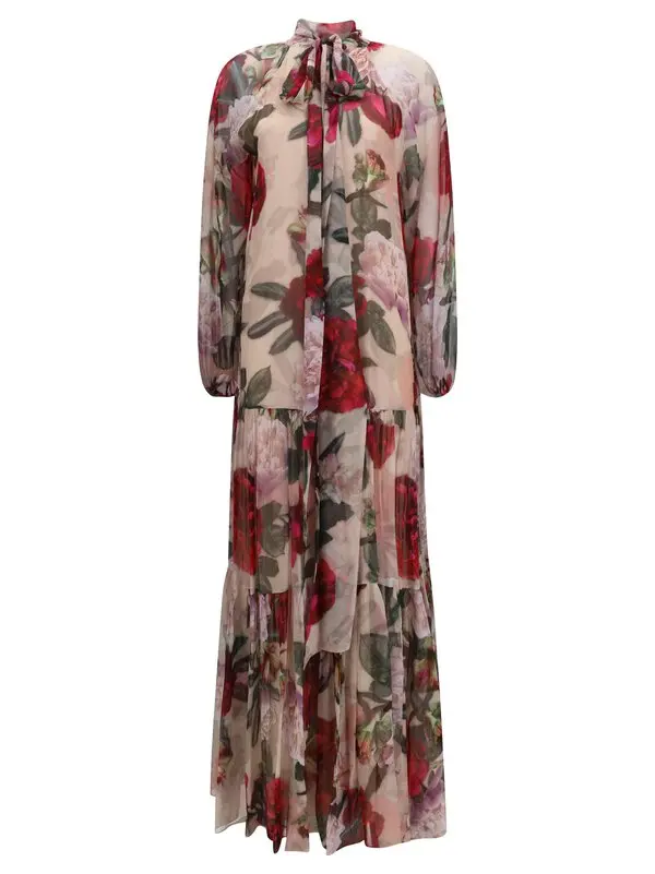 NISSA Long Printed Silk Dress With Scarf Detail - Multicolor