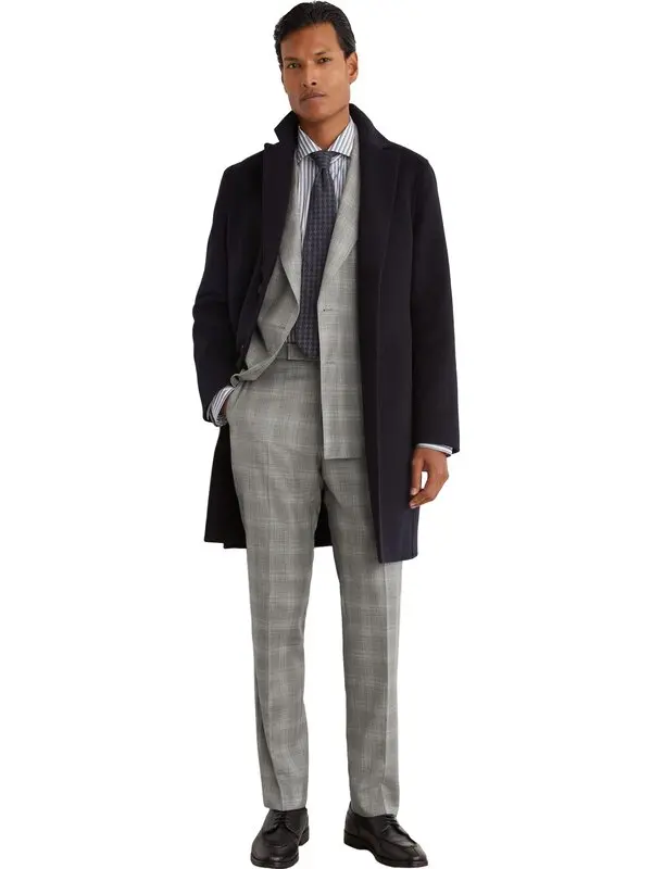 REISS Steal Wool Check Side-adjuster Suit Trousers - Light Grey