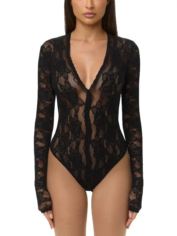 Naked Wardrobe Lace Deep V-neck Long Sleeve Bodysuit - Black