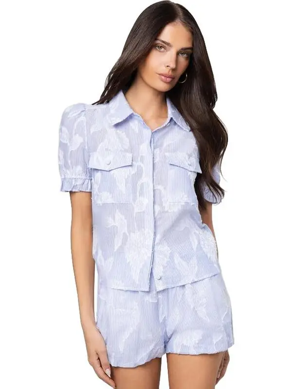 Generation Love Mina Floral Stripe Puff Sleeve Shirt - Light Blue/white
