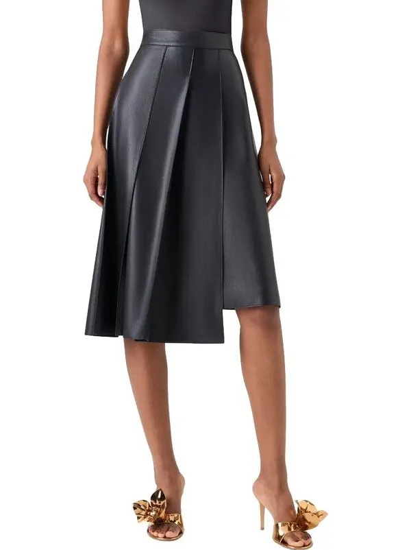 Akris Pleated Asymmetrical Lambskin Leather Midi Skirt - Black